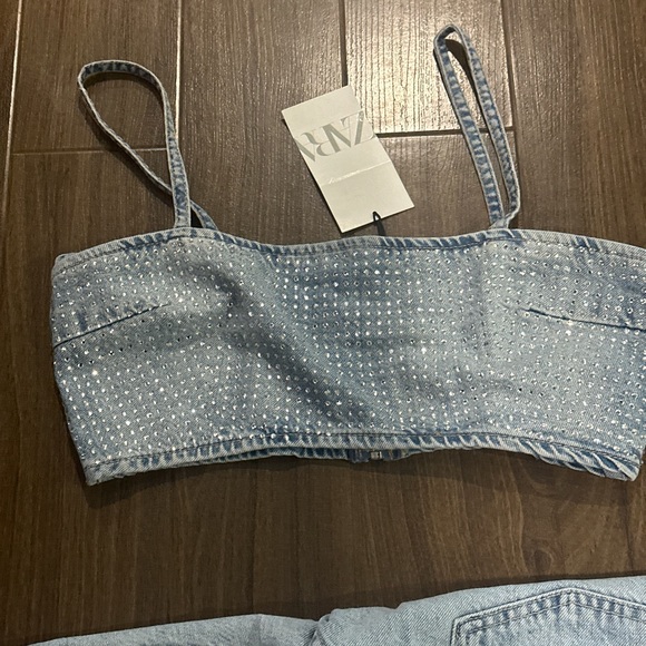 Zara | Pants & Jumpsuits | Zara Rhinestone Trf Denim Set | Poshmark